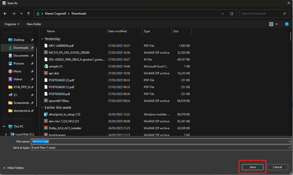 Exporting event viewer logs for Universal Print Service – directprint.io